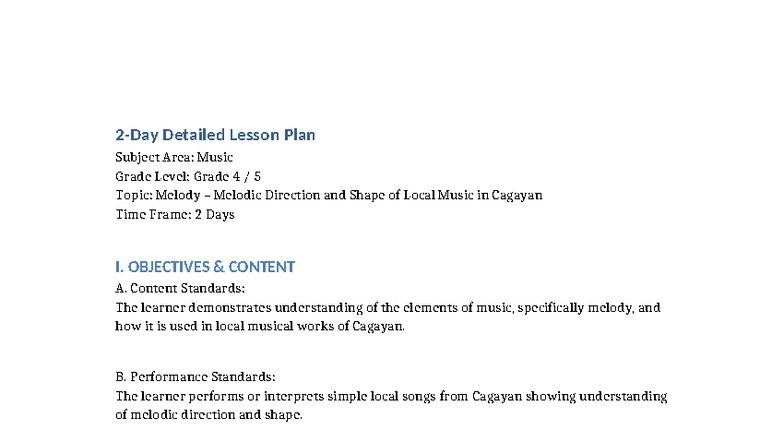 Grade 4 Music Lesson Plan: Melody & Direction in Cagayan (2 Days) - Studocu