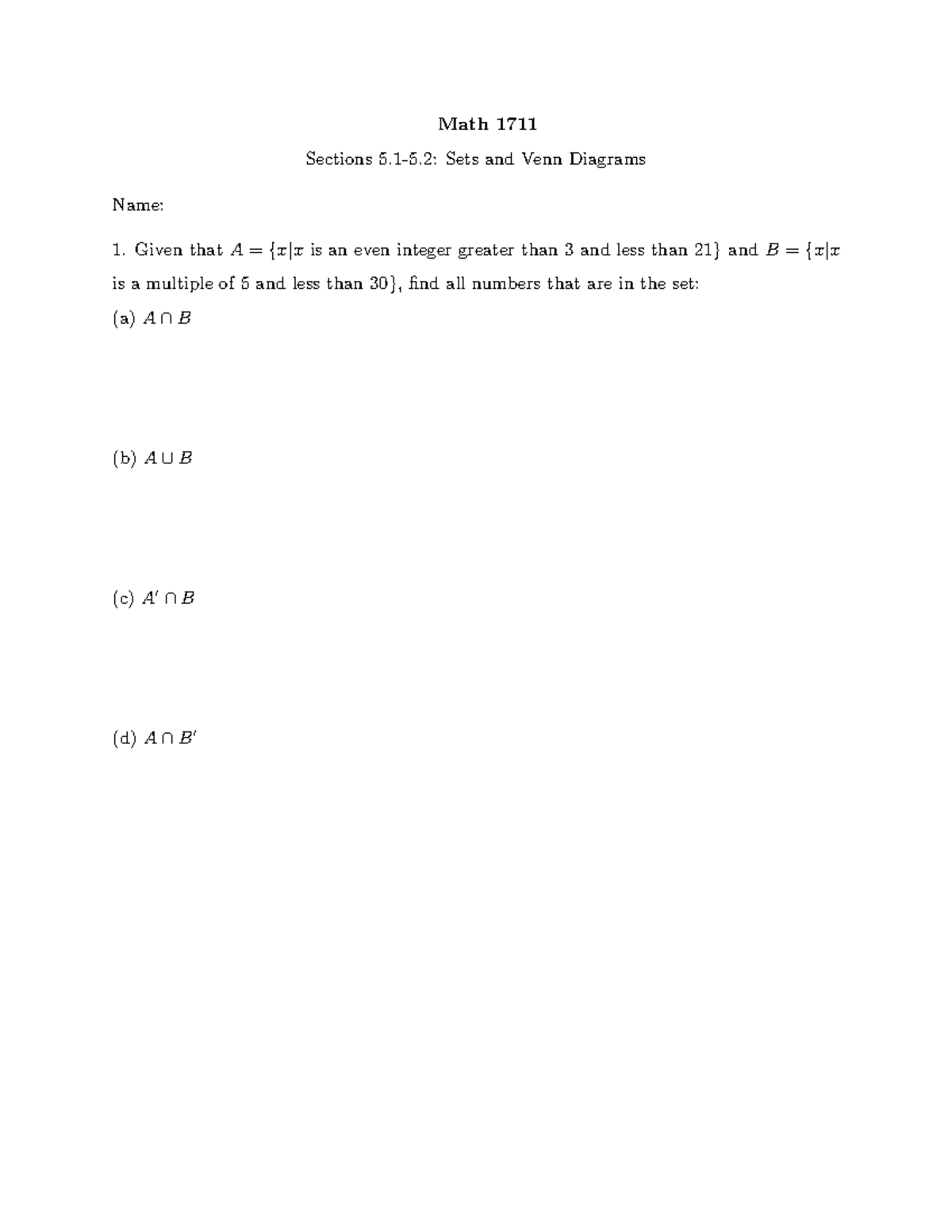 Math 1711: Sets and Venn Diagrams Exercise Solutions - Studocu