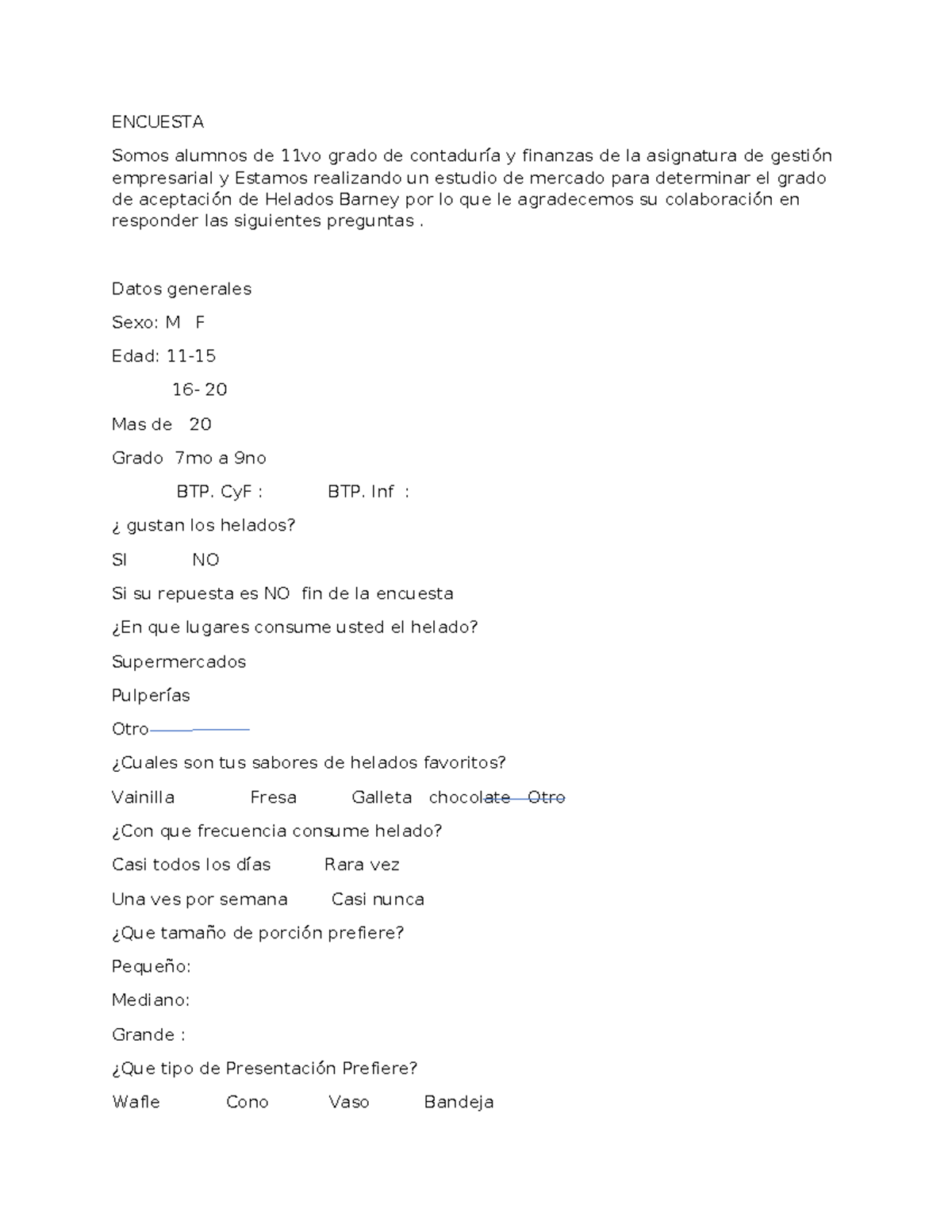 Encuesta de Mercado sobre Helados Barney - 11vo Grado CyF - Studocu