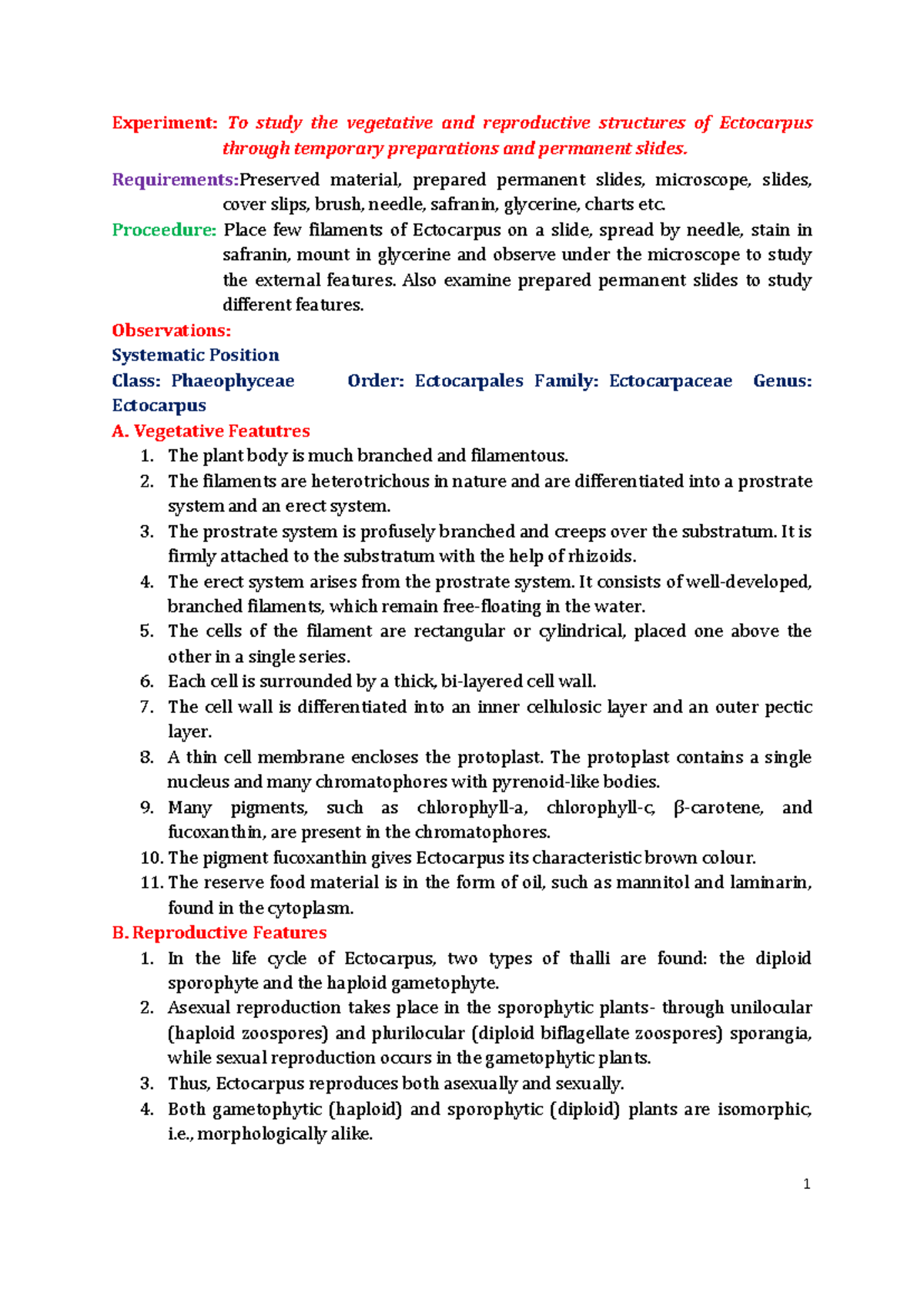 Ectocarpus Study: Vegetative & Reproductive Structures Analysis - Studocu