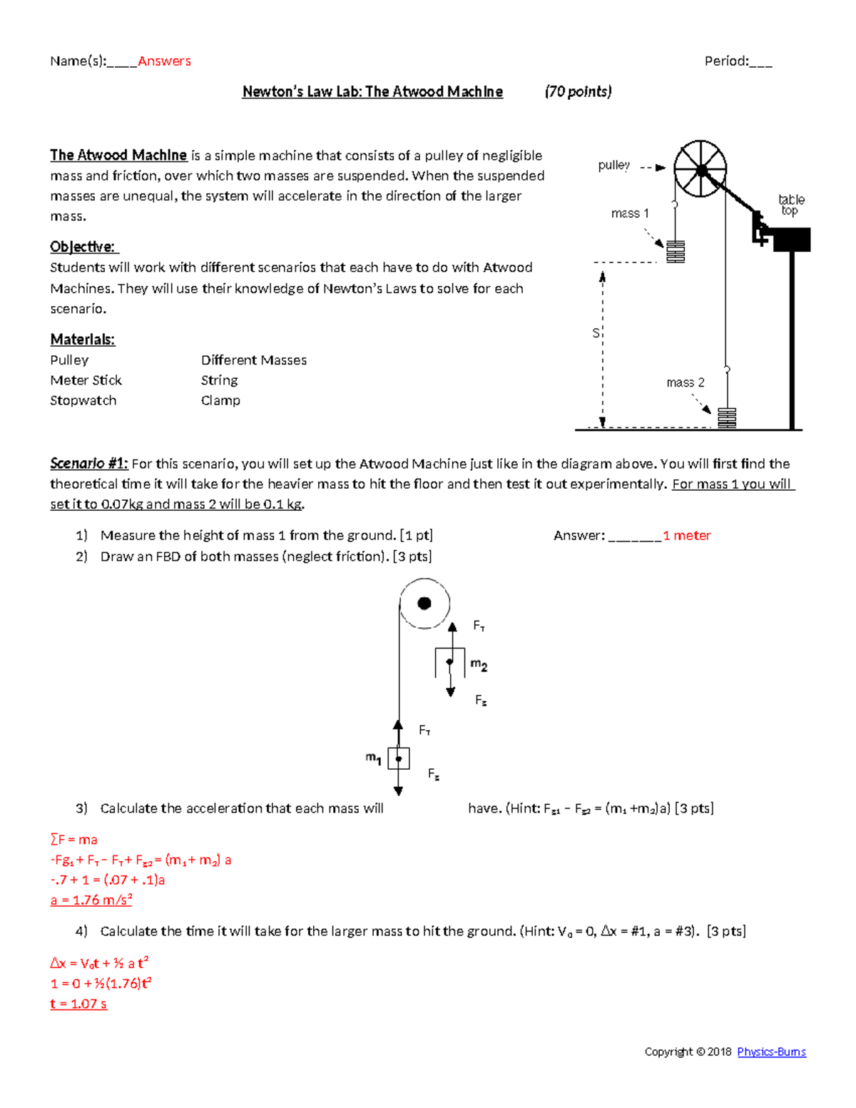 Newtons Laws Atwood Lab Teachers Answers and Instructions - Name(s ...