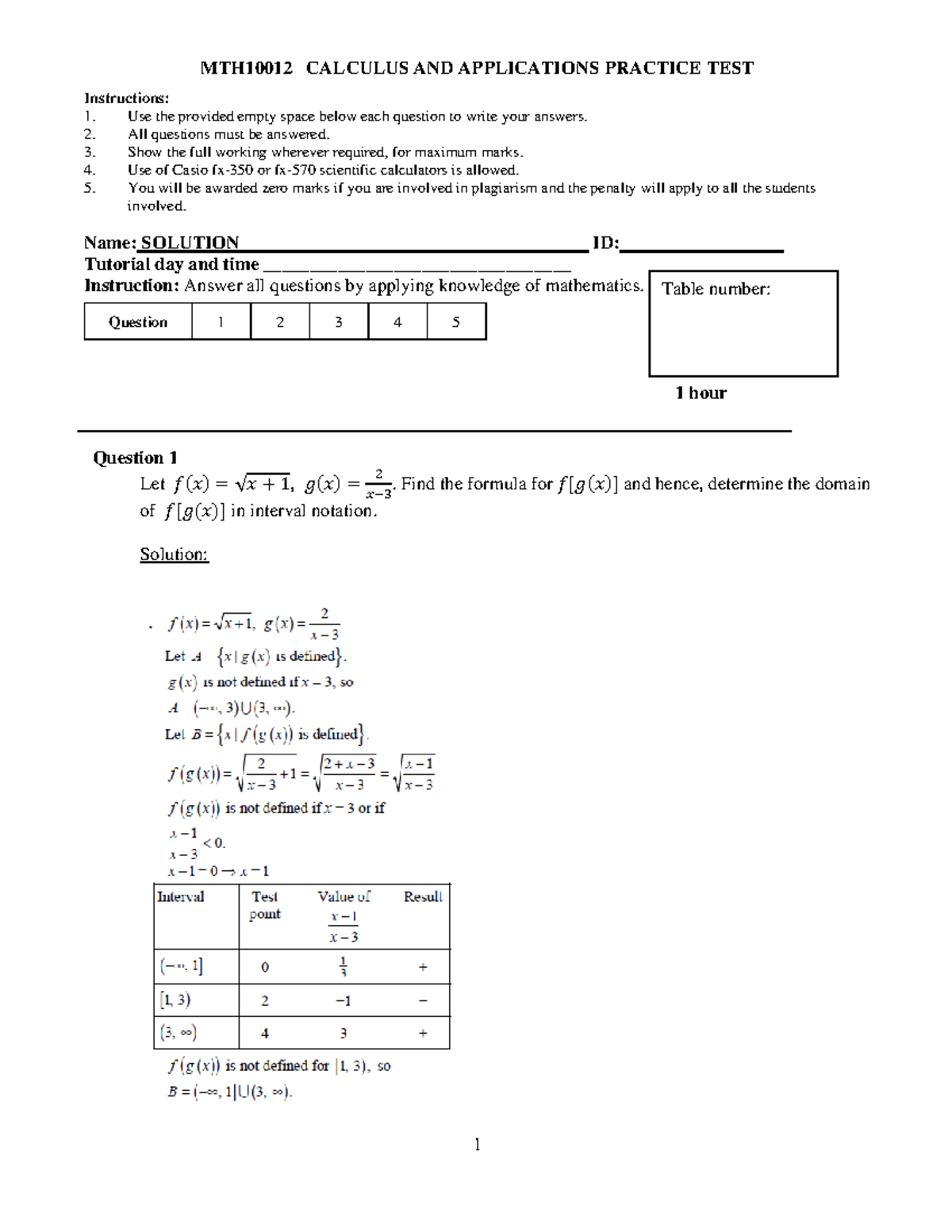 MTH10012 Final Exam: Calculus & Applications Practice Test Solutions ...