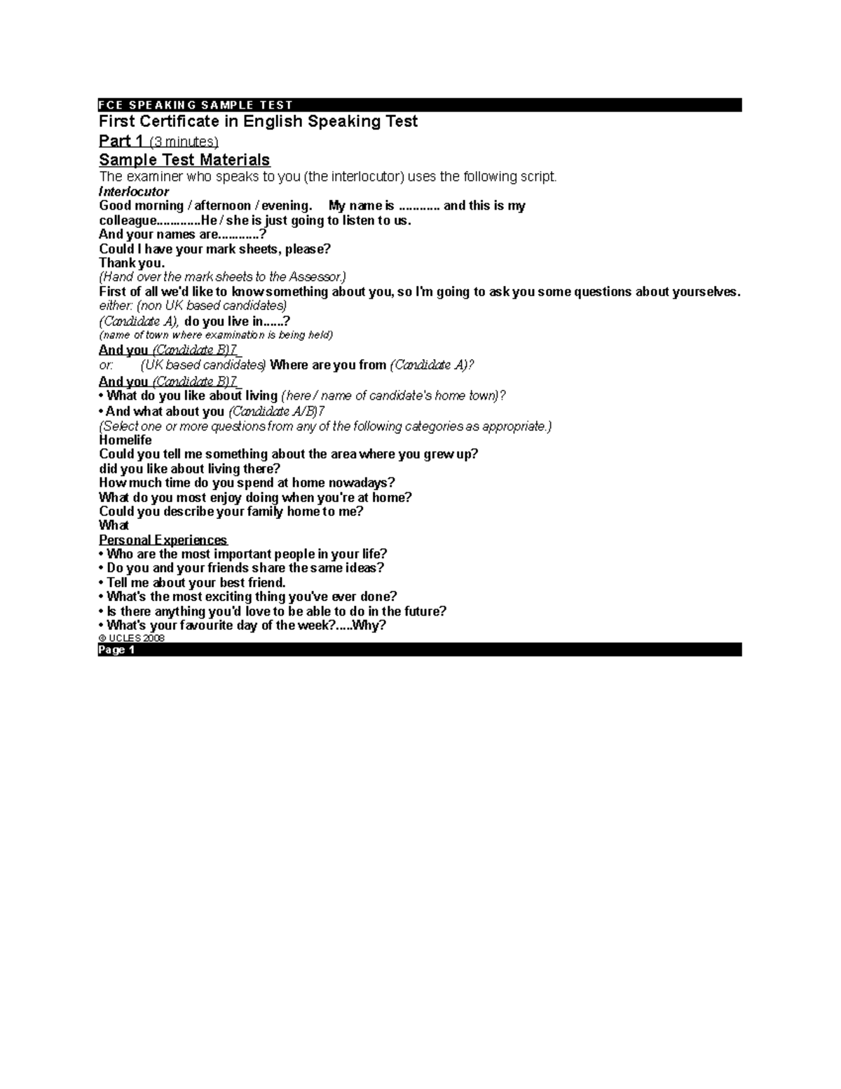 FCE 1st Cert Speaking Test Part 1: Sample Questions & Script - Studocu