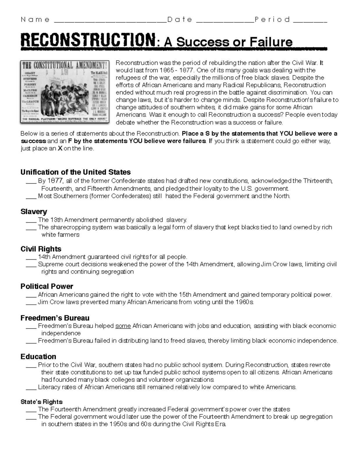 Reconstruction (1865-1877): Successes and Failures Analysis - Studocu