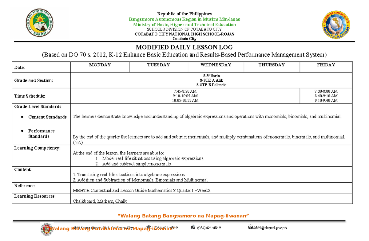 Mathematics 8 Lesson Plan: Algebraic Expressions & Operations - Studocu