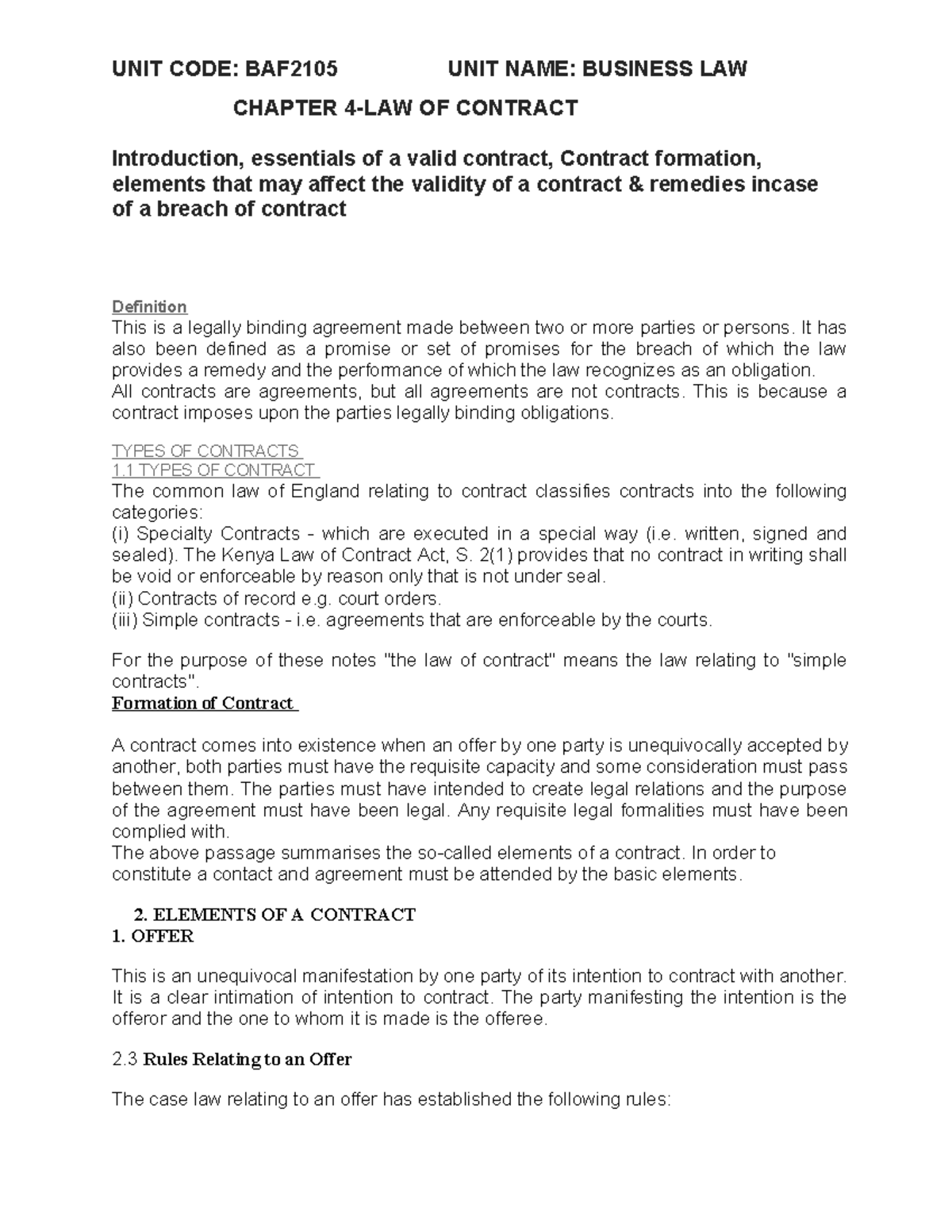Chapter 4 - Law of Contract: Essential Elements and Formation - Studocu