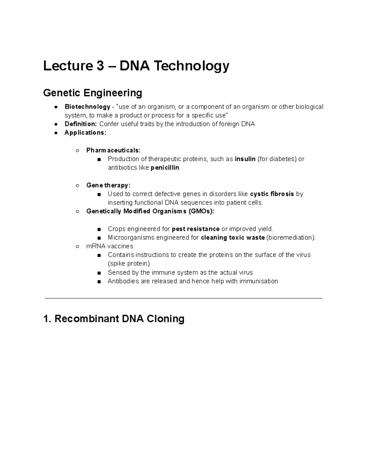 BN2301 Lecture 3 - DNA Technology & Genetic Engineering Notes - Studocu