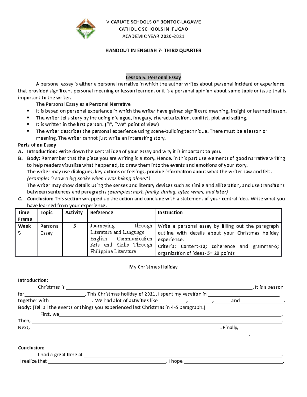 English 7 Handout: Personal Essay Writing Guide for 3rd Quarter - Studocu