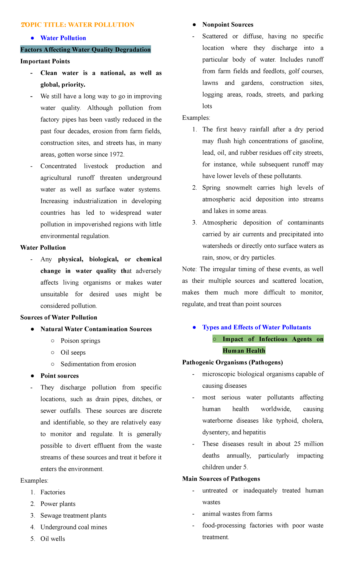 Outline - Water- Pollution- Content - TOPIC TITLE: WATER POLLUTION ...