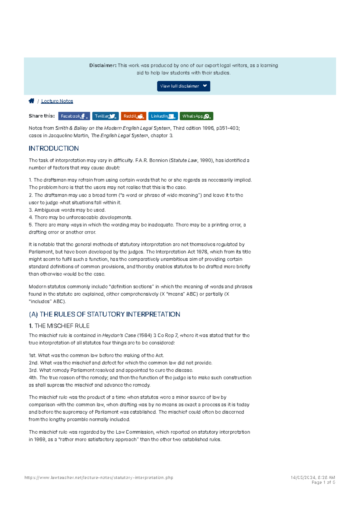 Statutory Interpretation Lecture Notes (Law 101) - Studocu