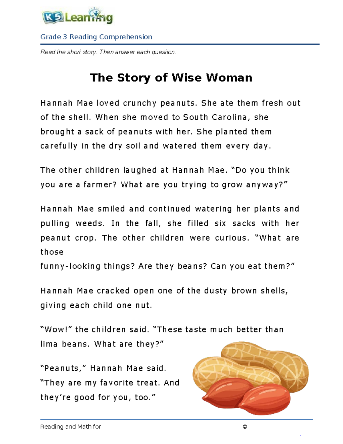 Grade 3 story wisewoman - Worksheet Reading and Math for © Read the ...