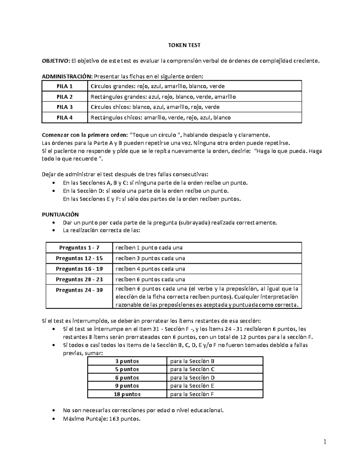 TOKEN TEST: Manual de Evaluación Verbal y Normas de Puntaje - Studocu
