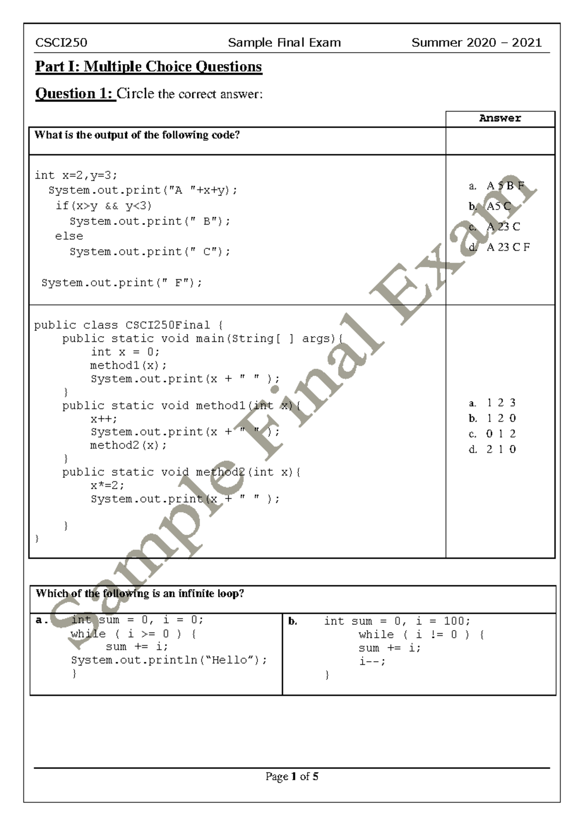 CSCI250 Sample Final Exam - Part I: Multiple Choice Questions Question 1: Circle the correct ...