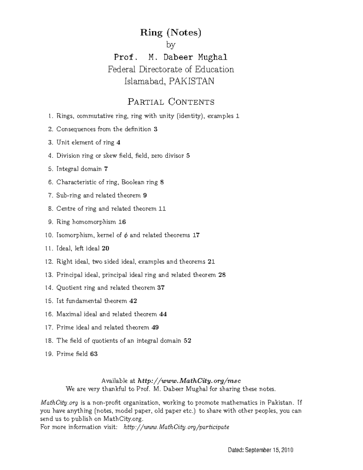 Ring Theory (Lecture Notes) - Prof. M. Dabeer Mughal - Studocu