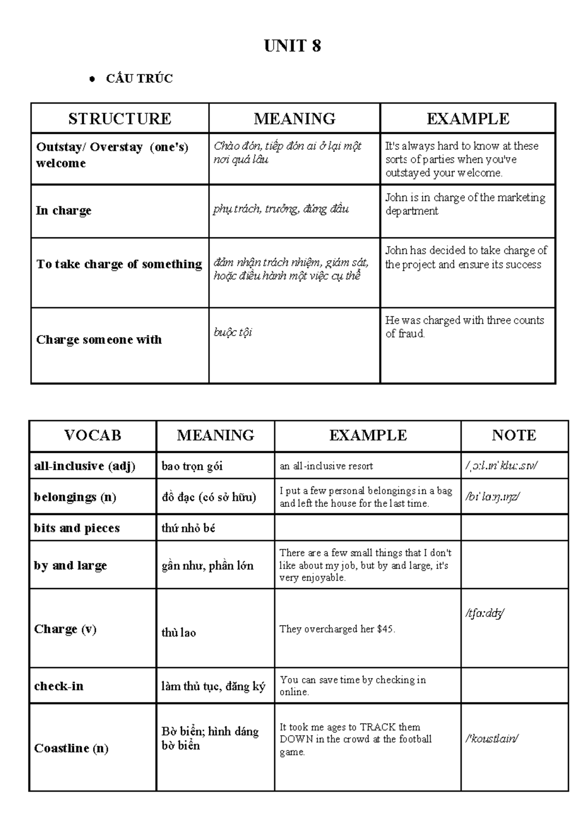 UNIT 8: Vocabulary and Structure Notes - Studocu