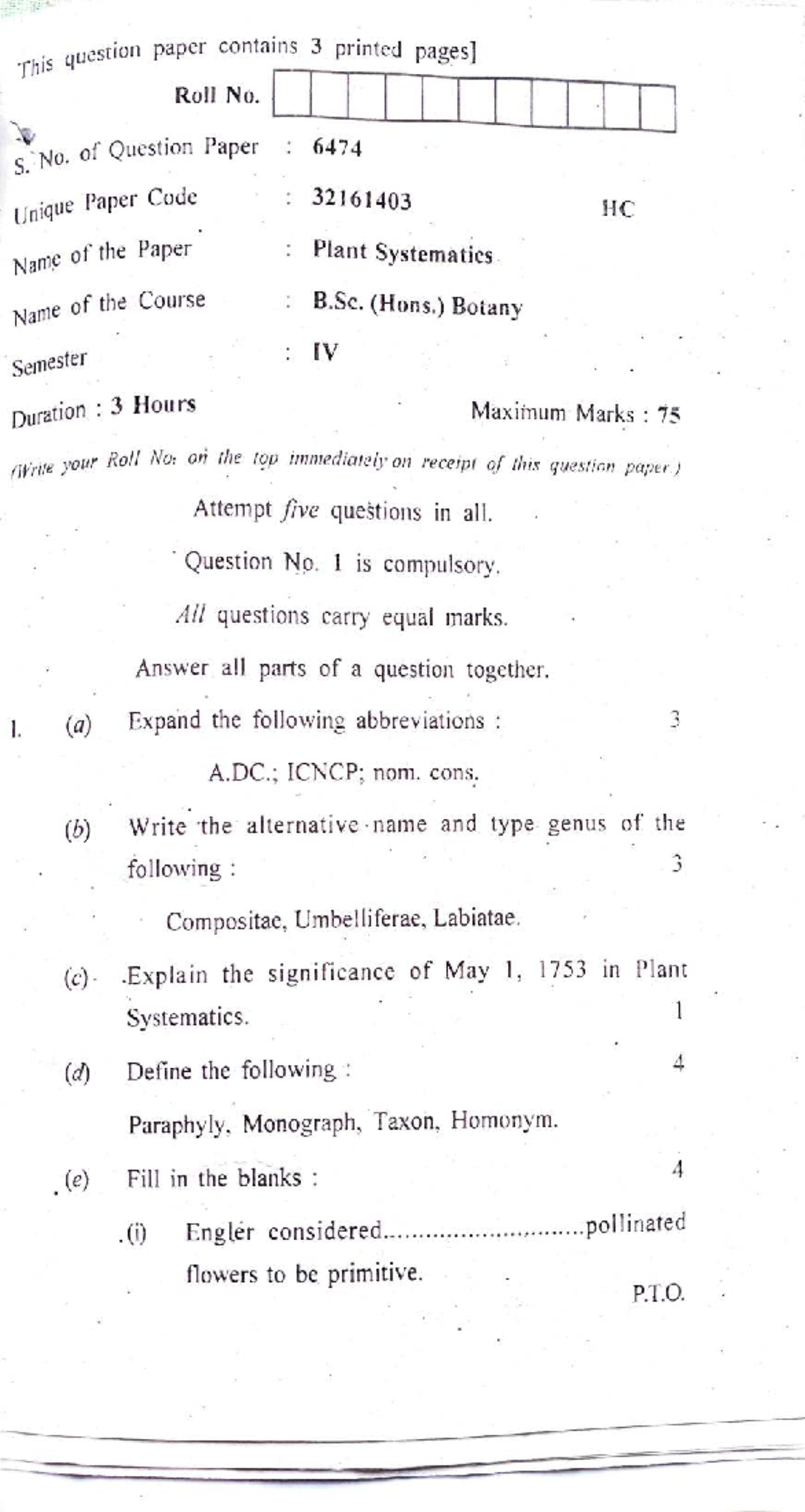 B.Sc. (Hons.) Botany IV Sem: Plant Systematics Question Paper - Studocu
