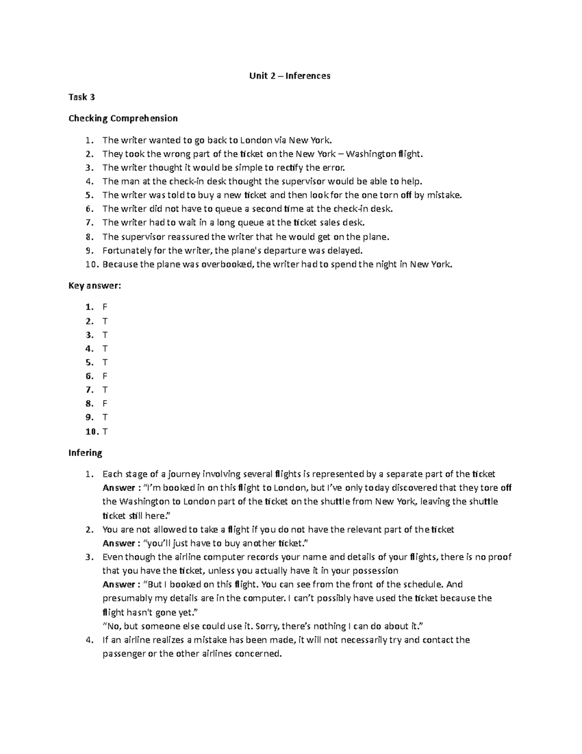 Unit 2 Task 3 - Key Answers for Advanced Reading Comprehension - Studocu