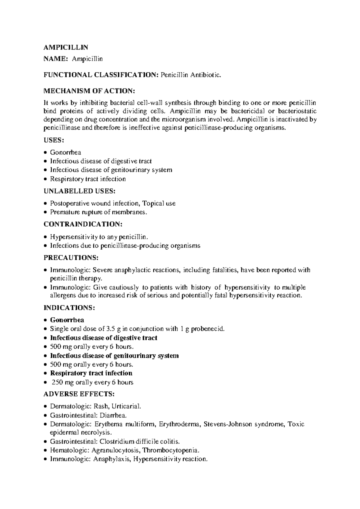 Ampicillin - AMPICILLIN NAME: Ampicillin FUNCTIONAL CLASSIFICATION ...