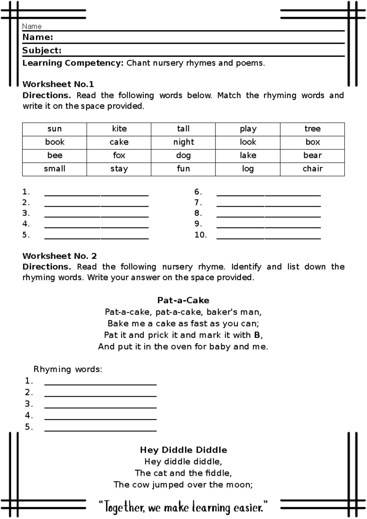 Reading and Literacy - Nursery Rhymes Worksheets - Studocu