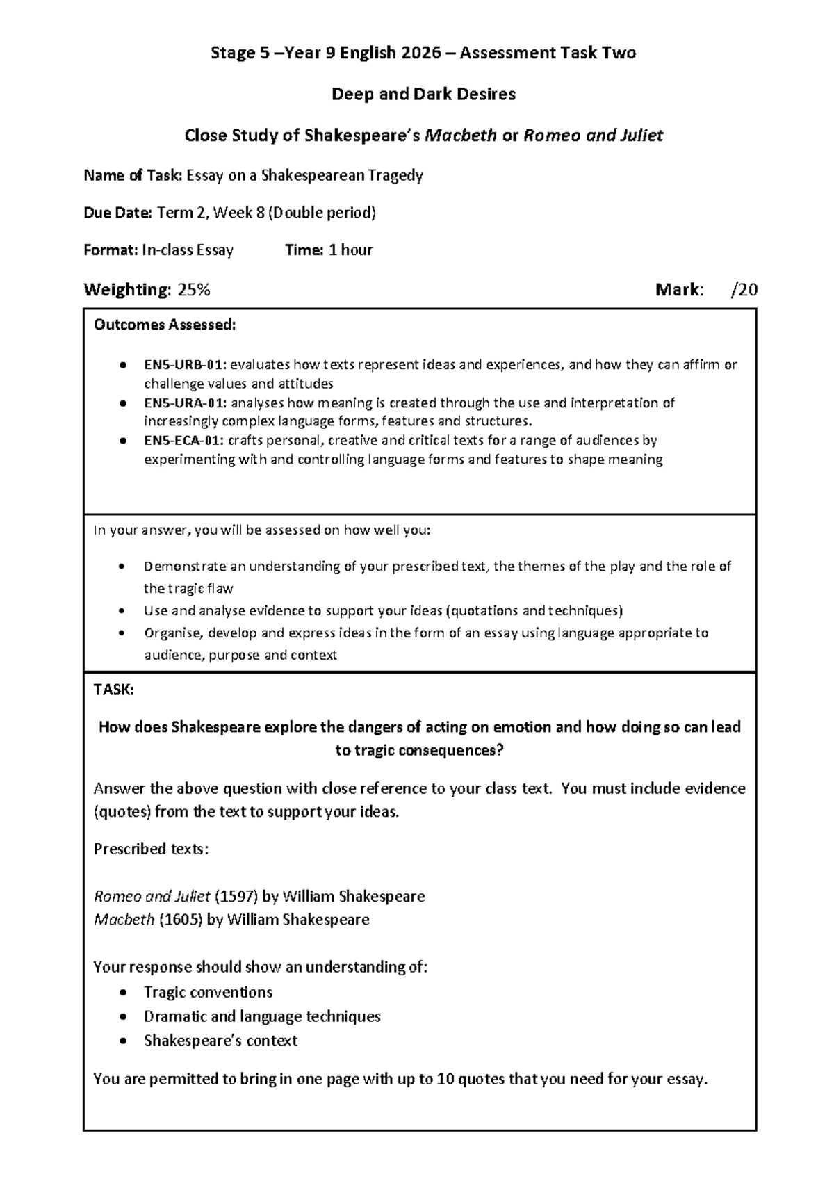 Year 9 English Assessment: Essay on Shakespeare's Tragedy - Studocu