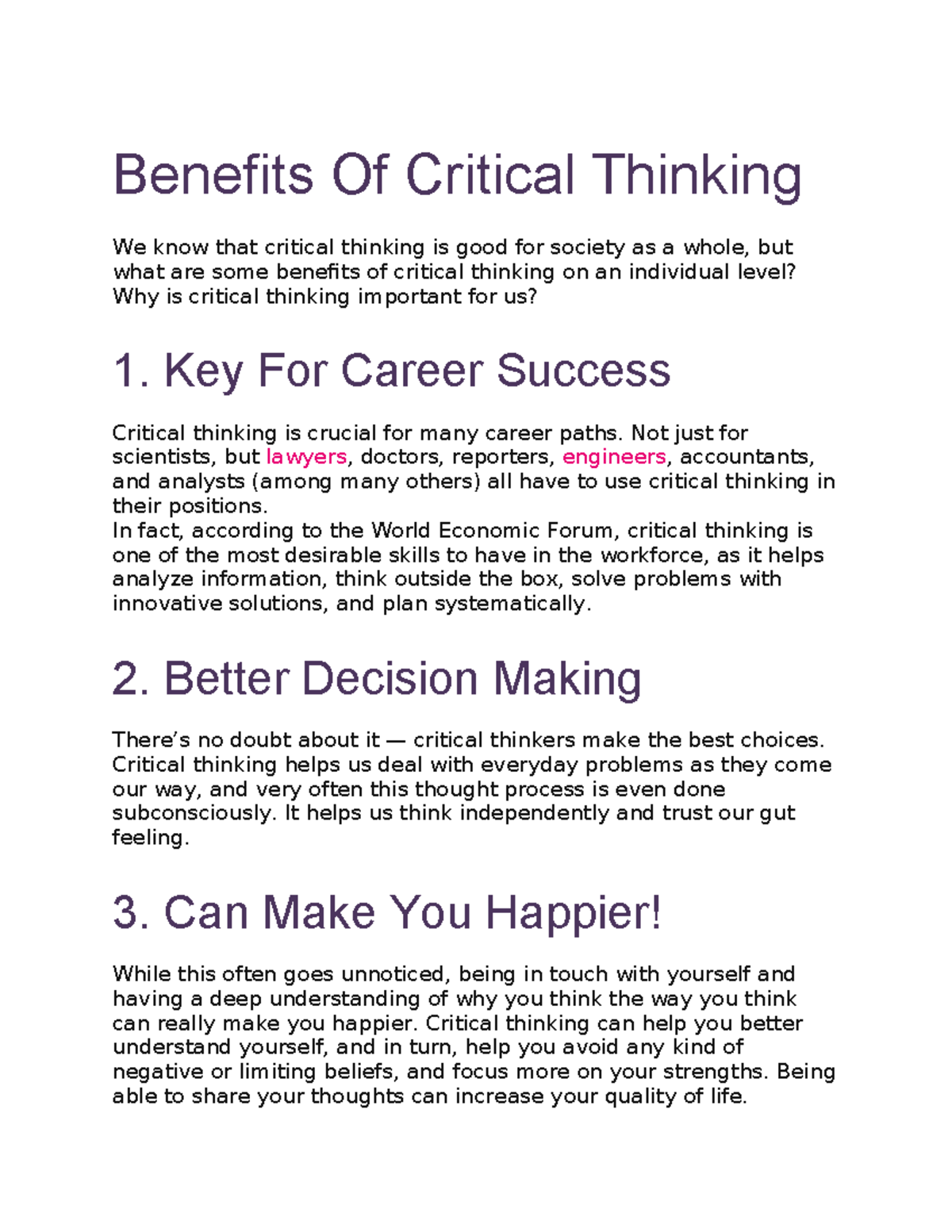 Benefits of Critical Thinking: Key Skills for Success - Studocu