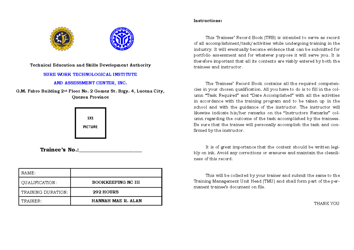 Bookkeeping NC III Trainee's Record Book for Assessment - Studocu