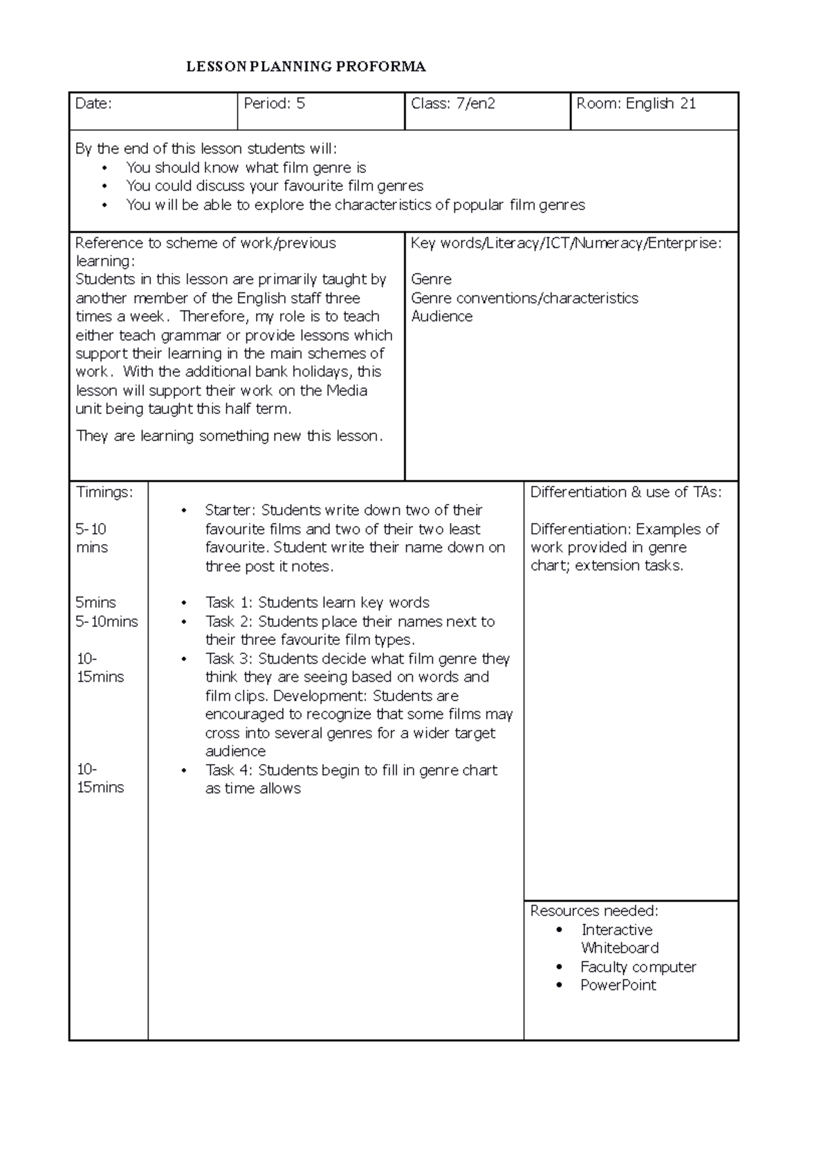 YEAR 7 English Lesson Plan: Exploring Film Genres Overview - Studocu