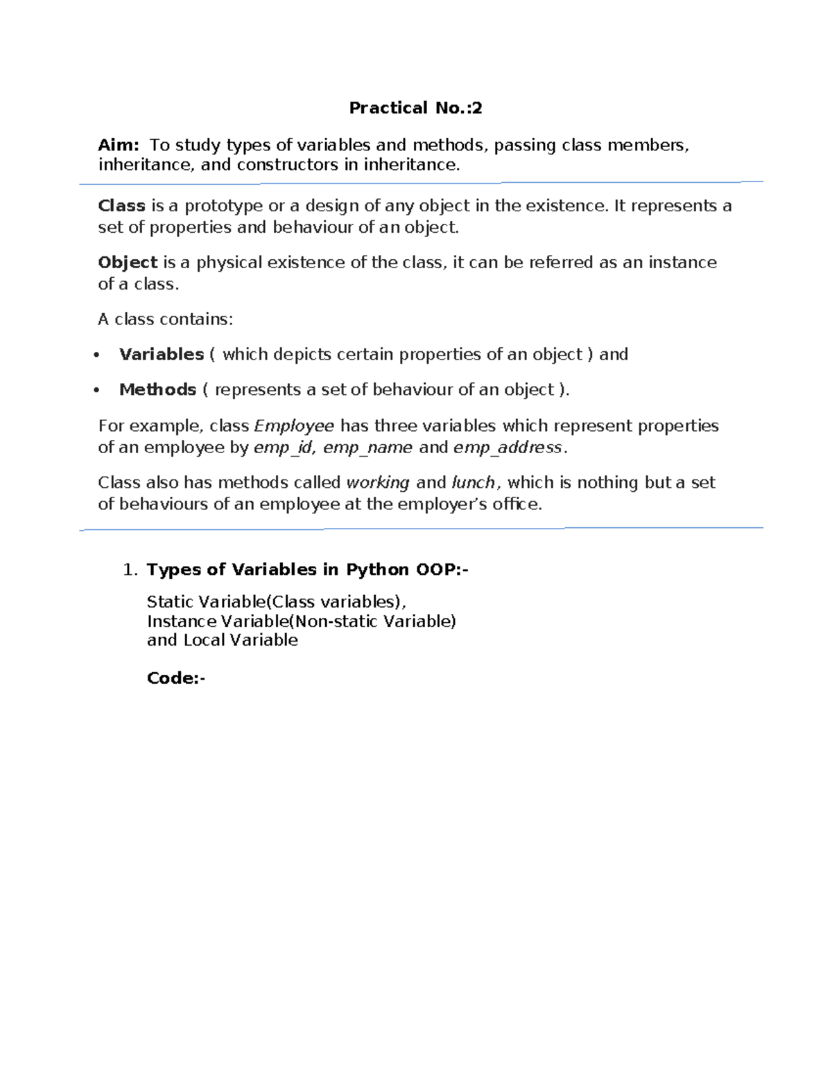 Practical No. 2: Exploring Variables, Methods, and Inheritance in OOP ...