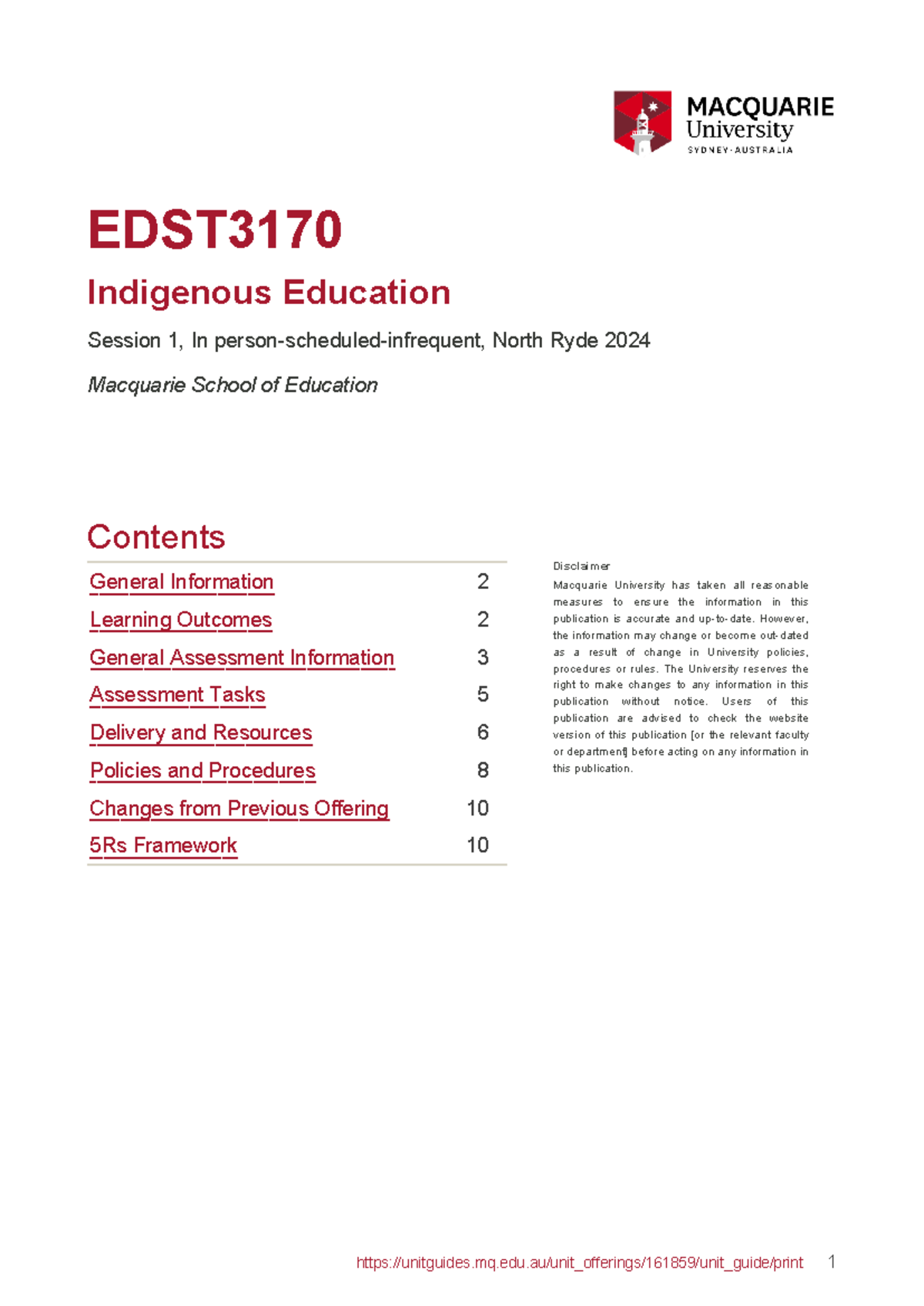 Unit Guide EDST3170: Indigenous Education Session 1, 2024 at North Ryde ...