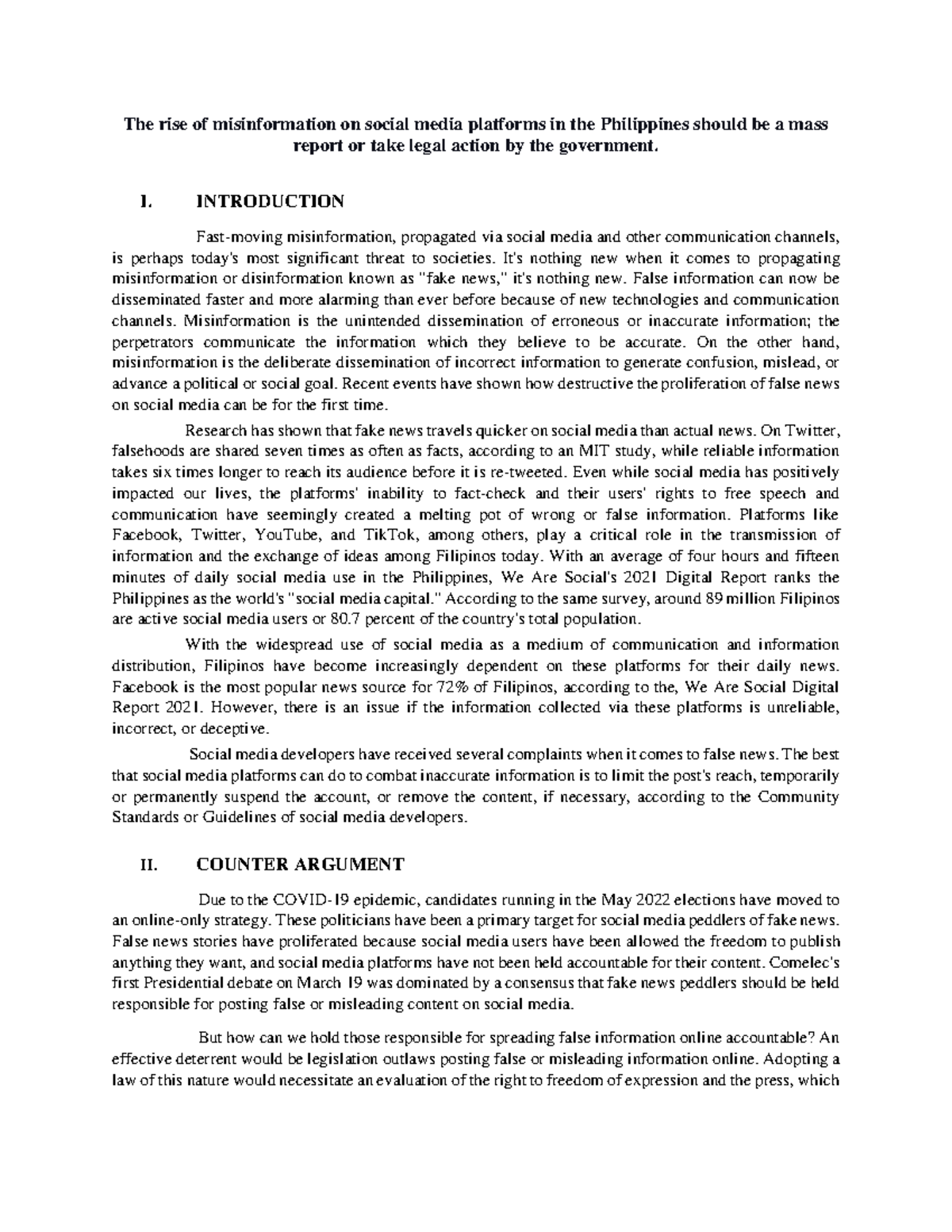 PHL 101 Position Paper on the Rise of Misinformation in Social Media ...
