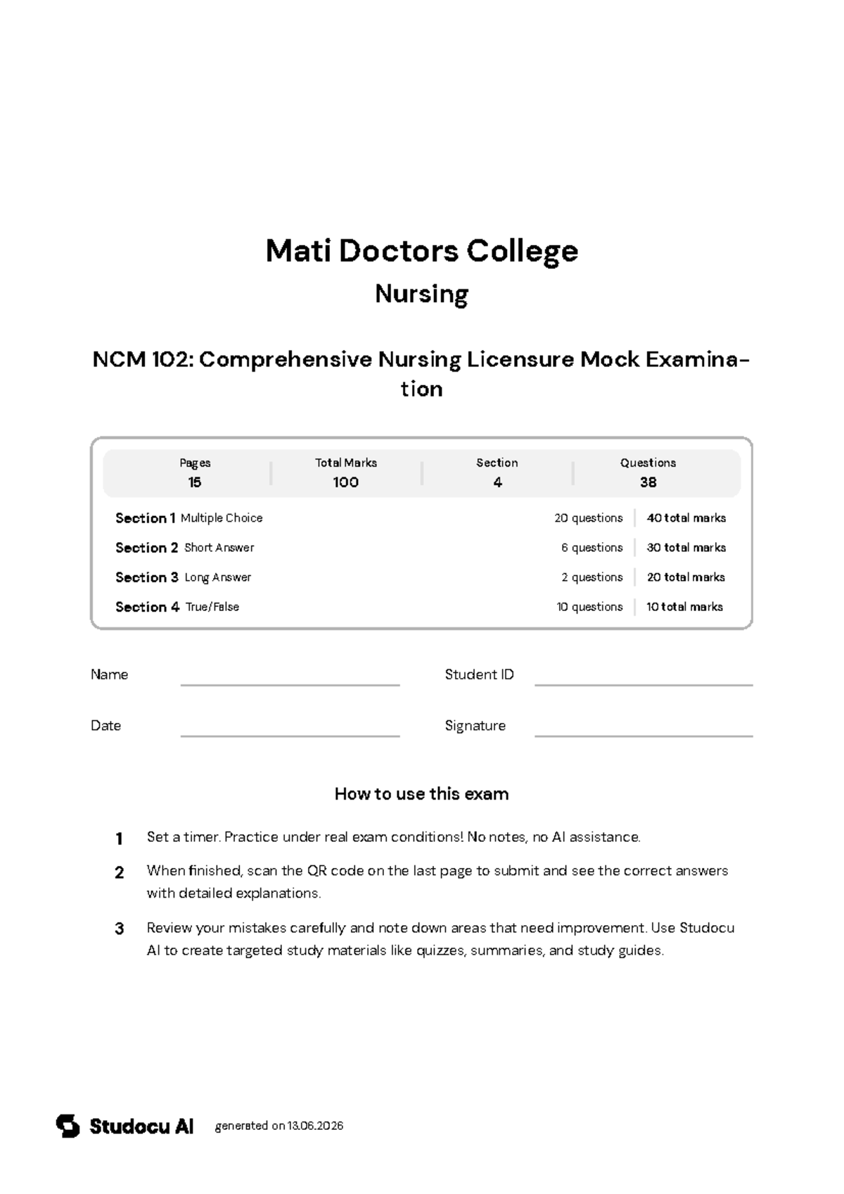 NCM 102: Comprehensive Nursing Licensure Mock Exam - Studocu