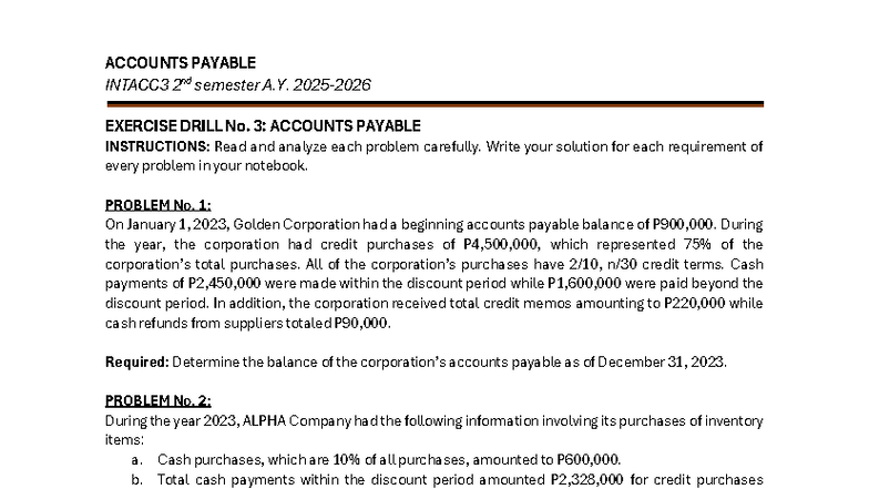 Exercise Drill No. 3: Accounts Payable Analysis for INTACC3 - Studocu