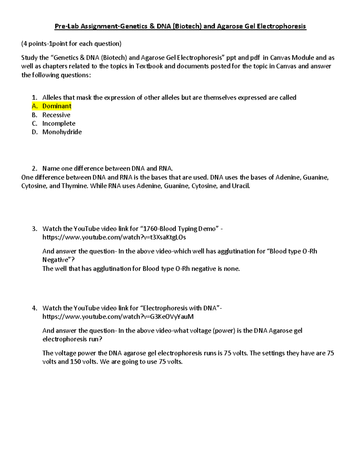 Pre-Lab #4: Genetics & DNA (Biotech) and Agarose Gel Electrophoresis ...