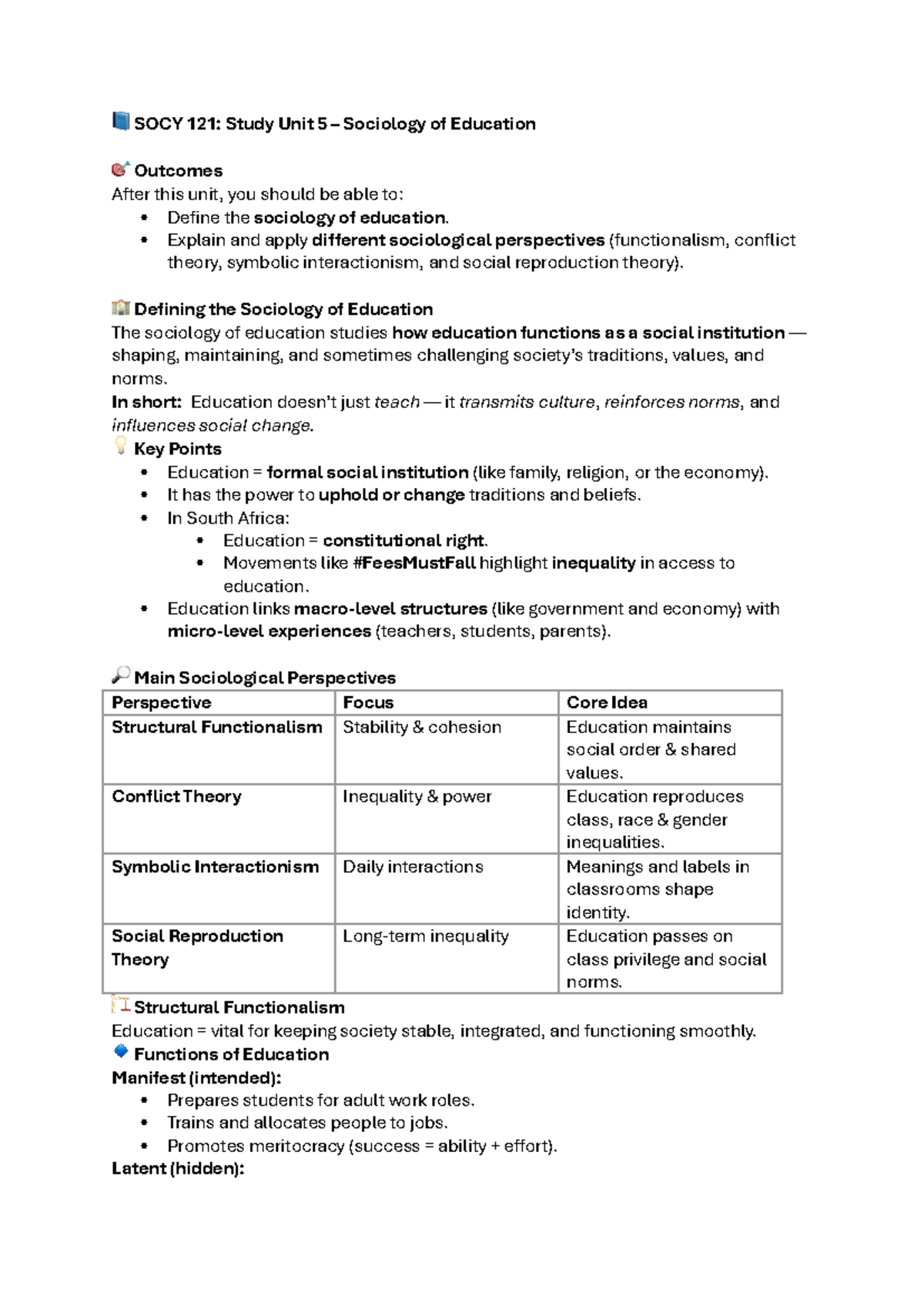 SOCY 121: Study Unit 5 - Sociology of Education Overview - Studocu