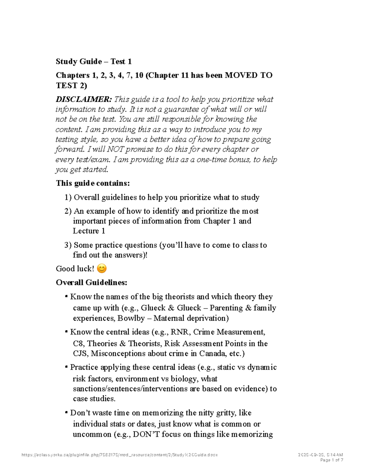 Study Guide for Test 1: Chapters 1, 2, 3, 4, 7, 10 (Key Concepts & Tips ...