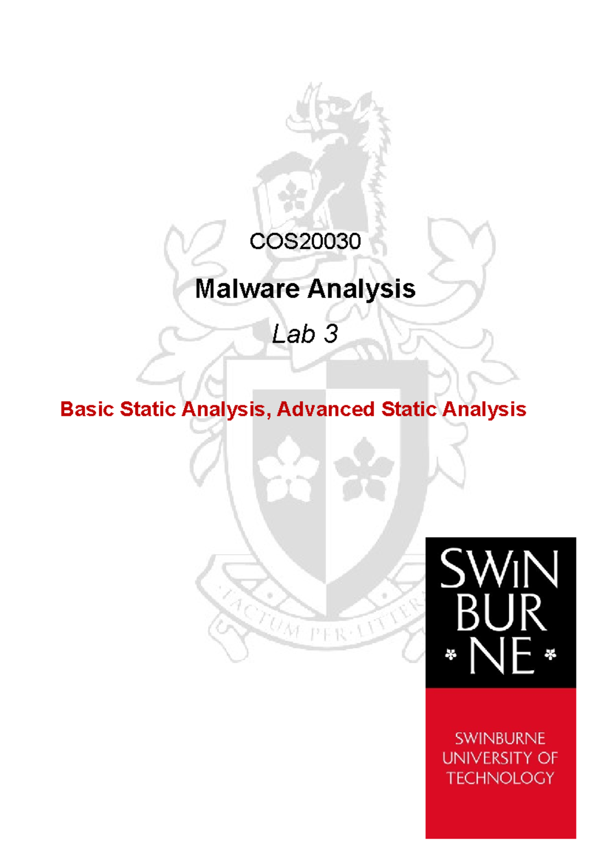 COS20030 Malware Analysis Lab 3: Basic & Advanced Static Analysis - Studocu
