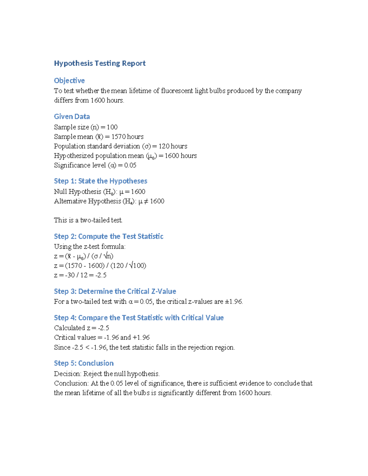 Hypothesis Testing Report on Light Bulbs (STAT 101) - Studocu