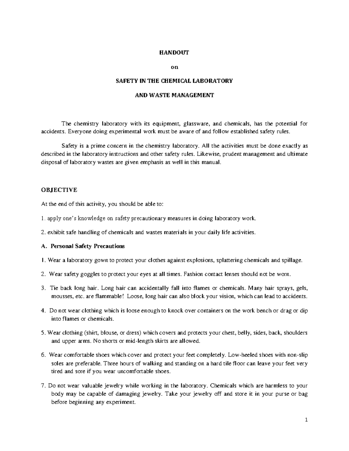 Handout 1 Safety in the Laboratory - HANDOUT on SAFETY IN THE CHEMICAL ...