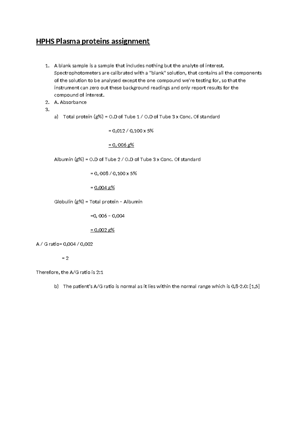HPHS Plasma Proteins Assignment Analysis and Calculations - Studocu