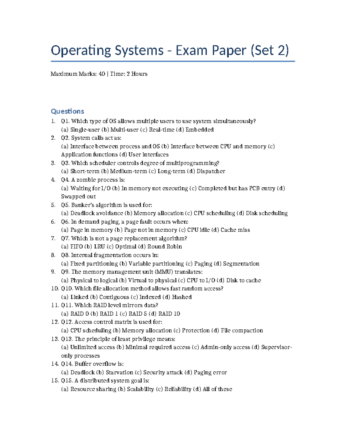 Operating Systems (OS) Exam Paper Set 2 - MCQs - Studocu
