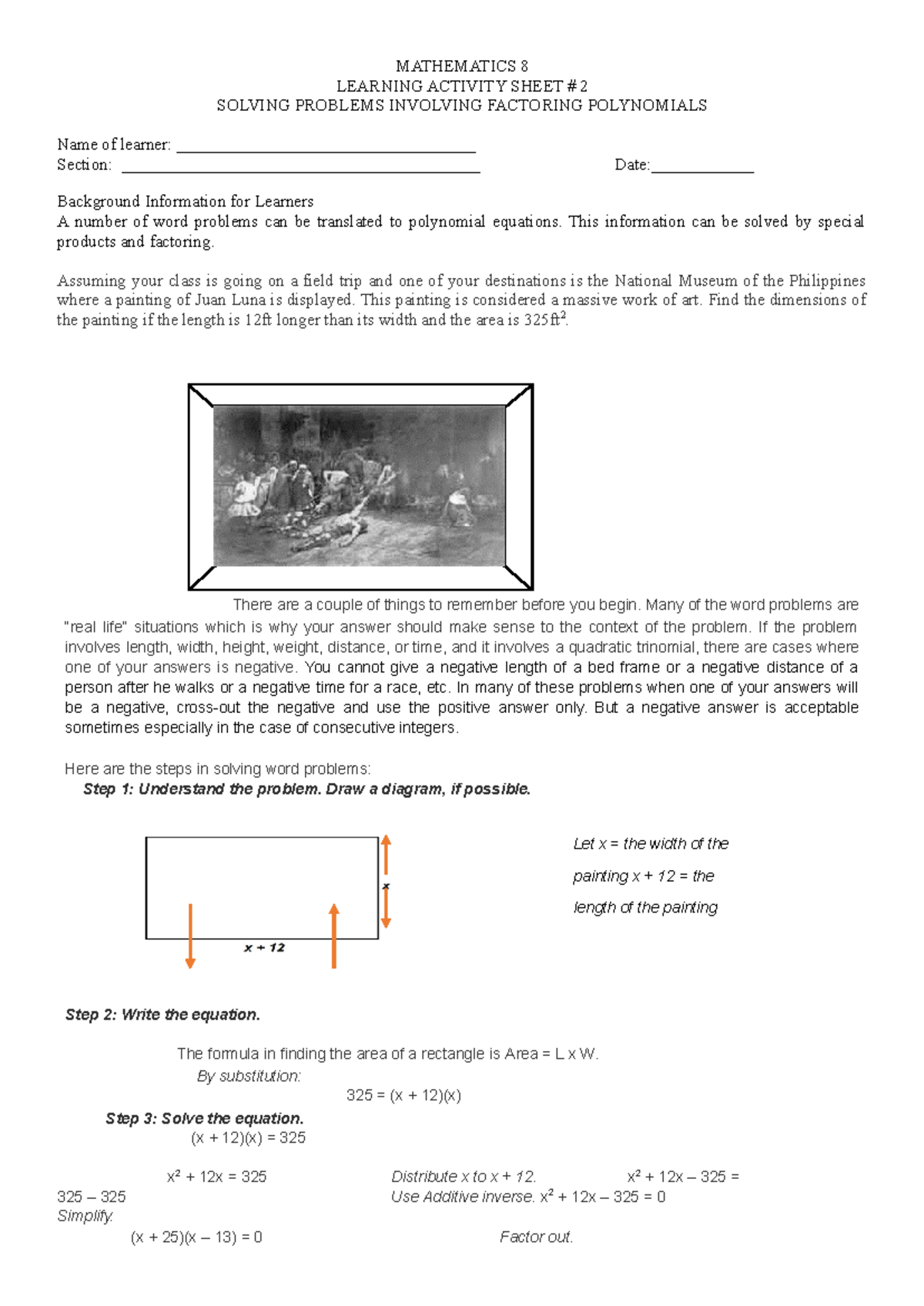 Math 8 LAS #2: Solving Polynomial Word Problems - Studocu