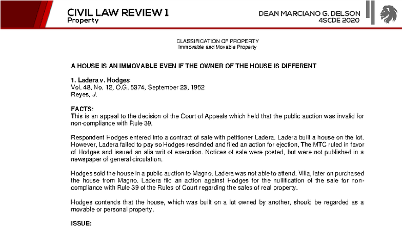 Civil Law I Case Digests: Classification of Property [4SCDE1920] - Studocu