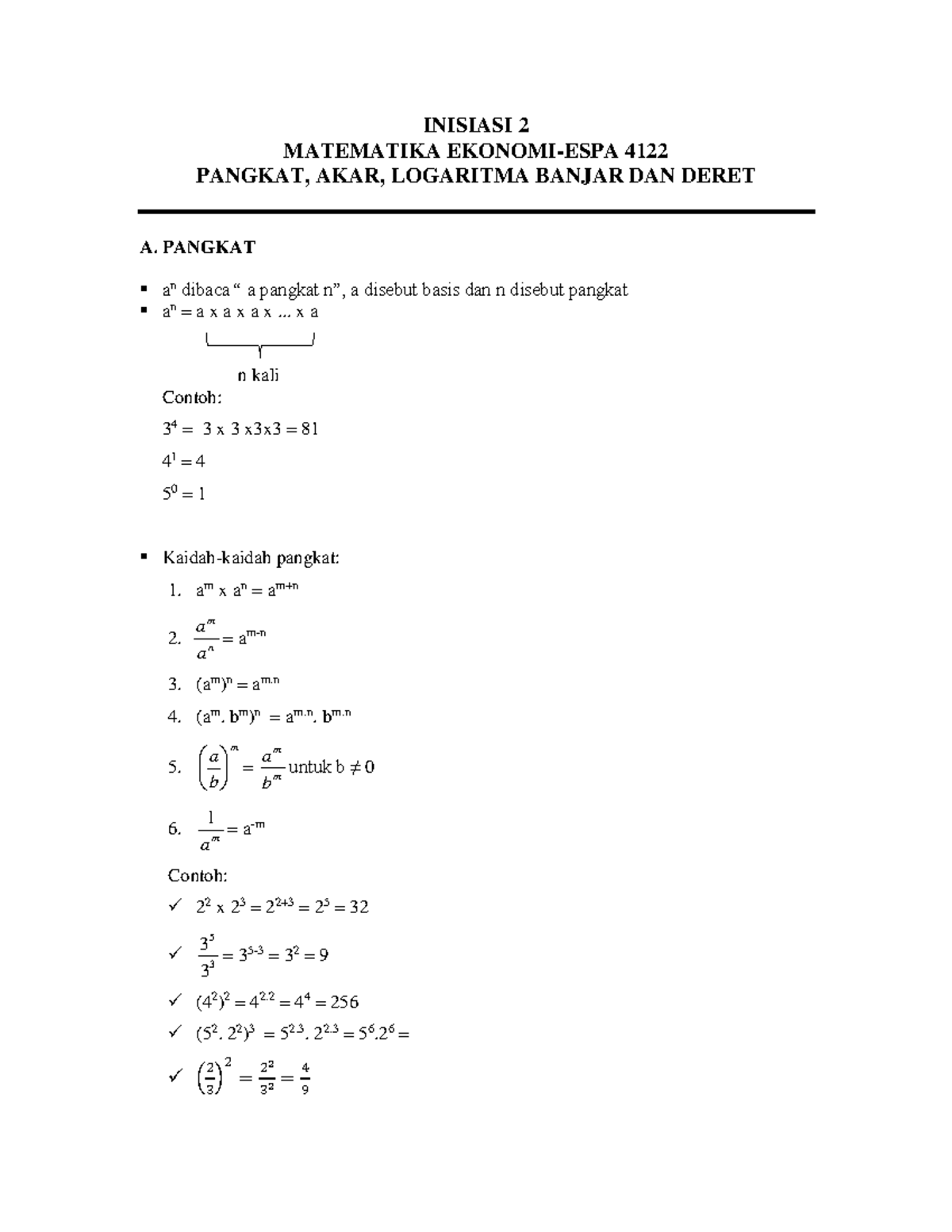 Inisiasi 2 MATEMATIKA 4122: Pangkatan, Akar, Logaritma, dan Deret - Studocu