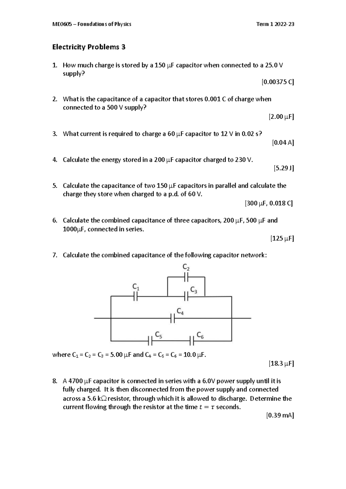 ME0605 Foundations of Physics Term 1 Electricity Problem Sheet 3 - Studocu