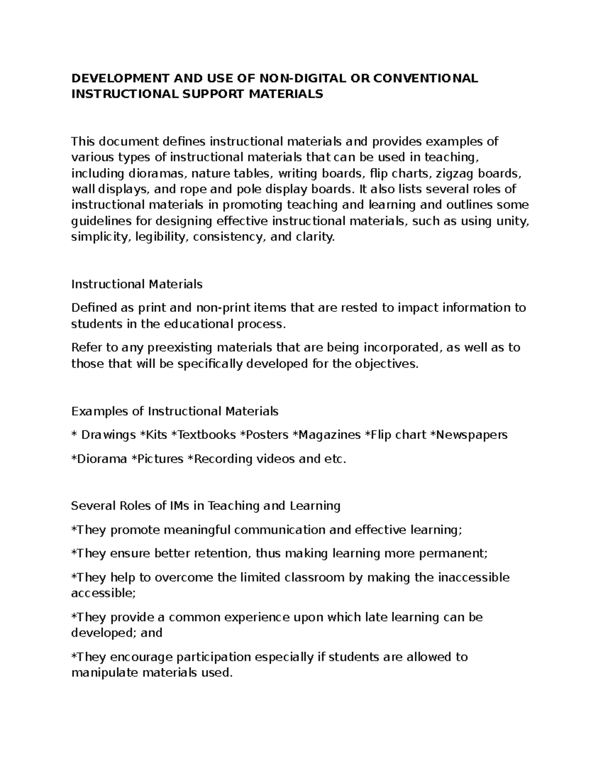 DEVELOPMENT AND USE OF CONVENTIONAL INSTRUCTIONAL MATERIALS - Studocu