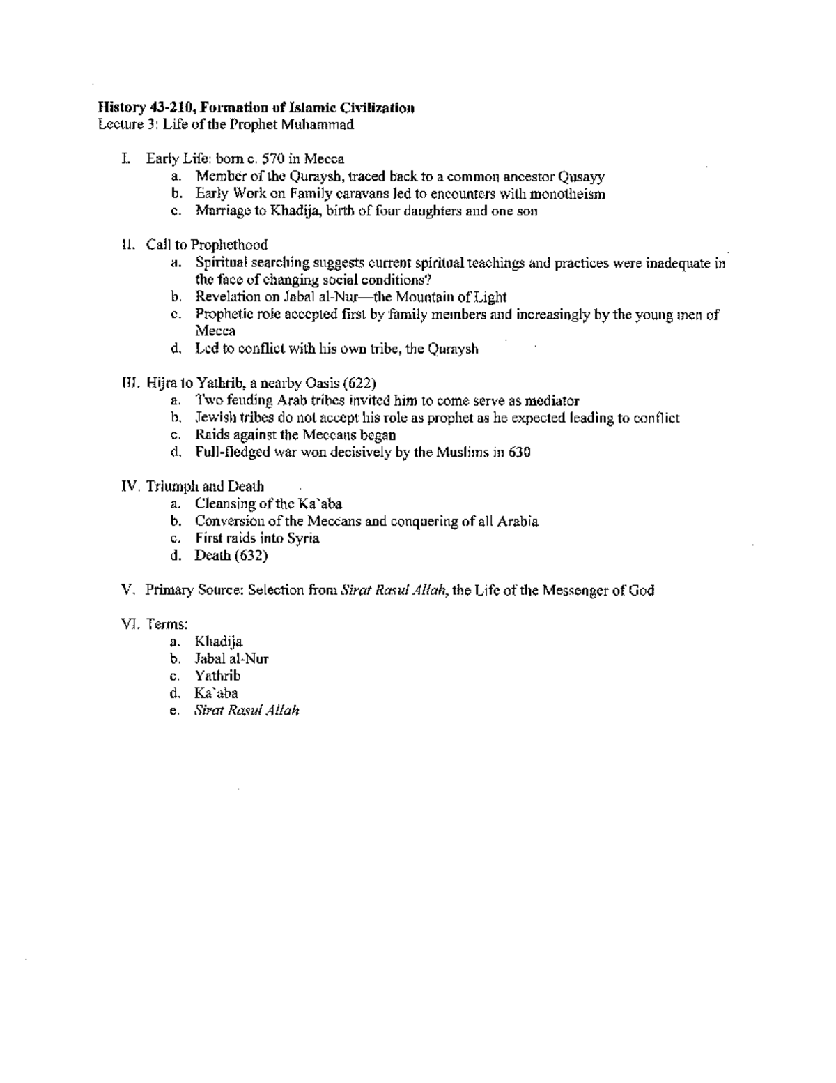 Life of Muhammad: Outline & Sources for HIST 210 Lecture 3 - Studocu