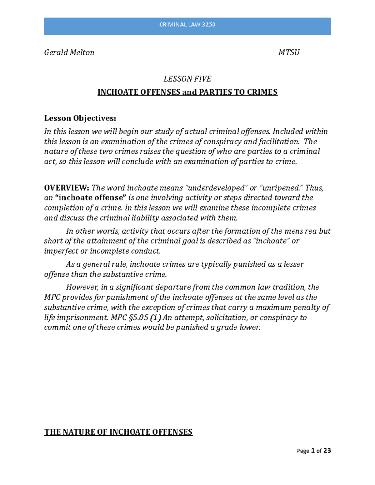 MTSU CRJ 101 Lesson 5: Inchoate Offenses & Parties to Crime Overview ...