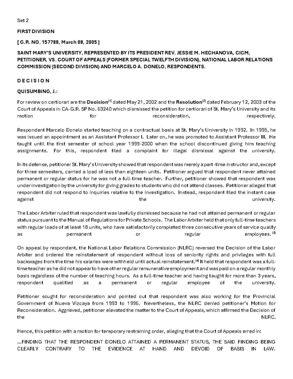 Set 2 Labor Cases: G.R. No. 157788, 167714, 173849, 166109 Decisions ...