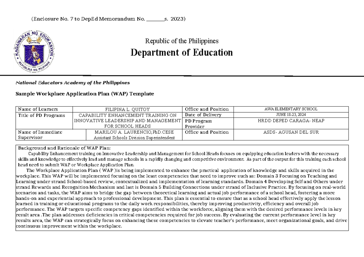 WAP Plan for Capability Enhancement in Leadership (DepEd Memorandum ...