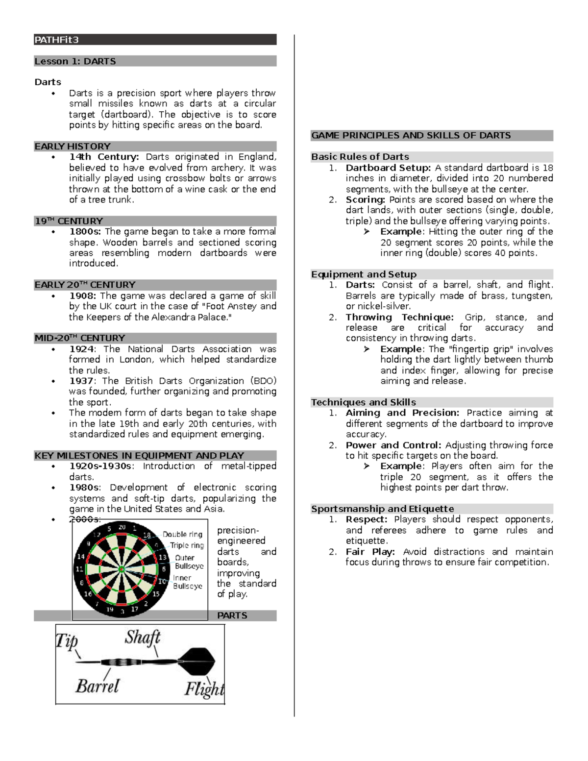 PATHFit 3 WEEK 7 - Comprehensive Darts Lesson Notes - Studocu